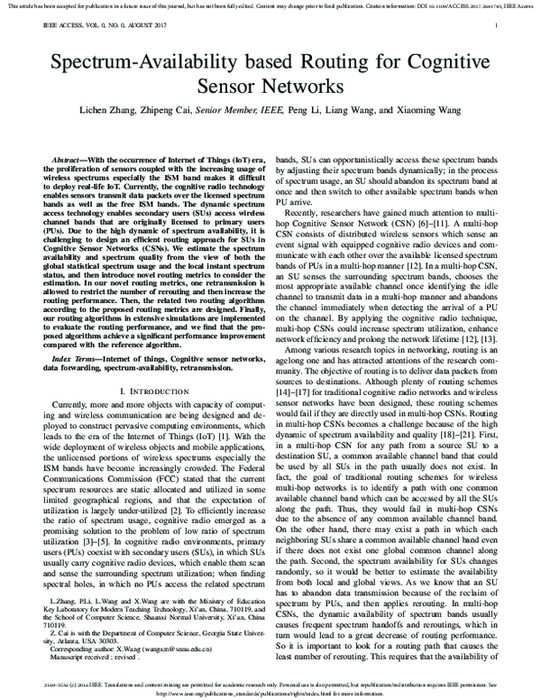 (PDF) Spectrum-Availability based Routing for Cognitive Sensor Networks