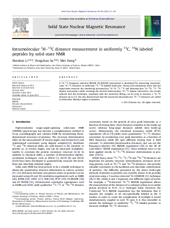 (PDF) Intramolecular 1H–13C distance measurement in uniformly 13C, 15N labeled peptides by solid ...