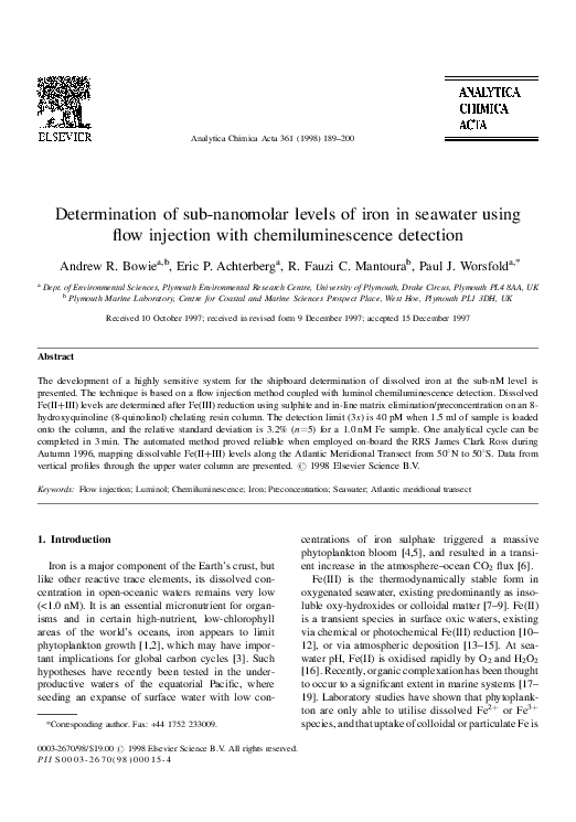 Pdf Determination Of Sub Nanomolar Levels Of Iron In Seawater Using