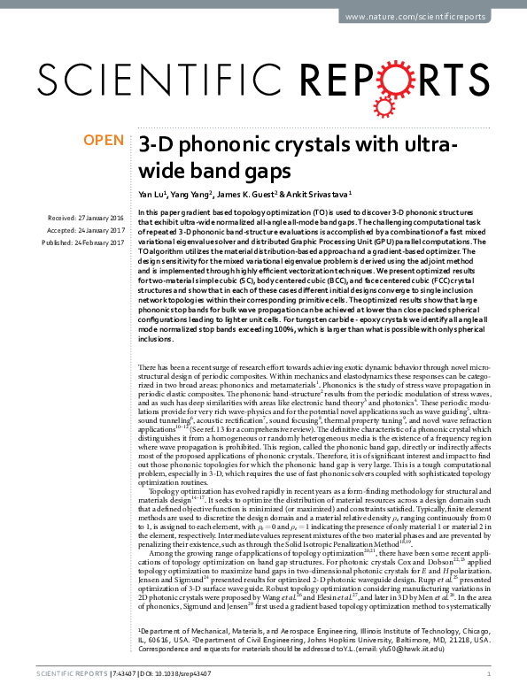 (PDF) 3-D phononic crystals with ultra- wide band gaps OPEN