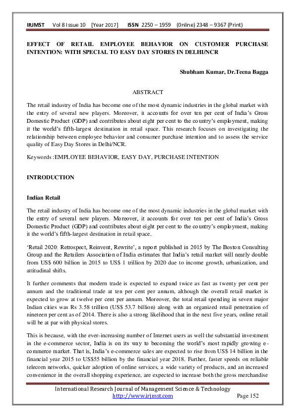 (PDF) EFFECT OF RETAIL EMPLOYEE BEHAVIOR ON CUSTOMER PURCHASE INTENTION ...