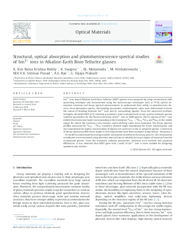 (PDF) Structural, optical absorption and photoluminescence spectral studies of Sm 3þ ions in ...