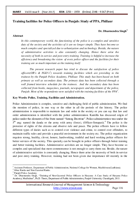 (PDF) Training facilities for Police Officers in Punjab: Study of PPA ...