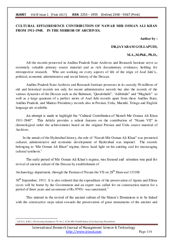 (PDF) CULTURAL EFFLORESCENCE CONTRIBUTION OF NAWAB MIR OSMAN ALI KHAN ...