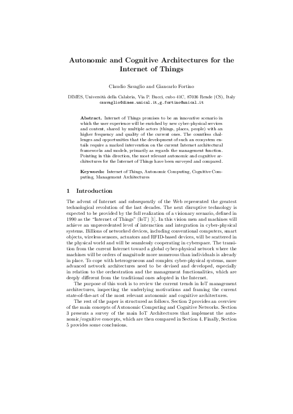 (PDF) Autonomic and Cognitive Architectures for the Internet of Things