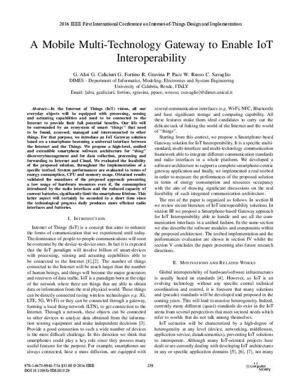 (PDF) A Mobile Multi-Technology Gateway to Enable IoT Interoperability