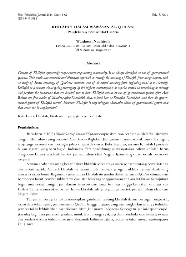 (PDF) KHILAFAH DALAM WAWASAN AL-QUR'AN: Pendekatan Semantik-Historis Wardatun Nadhiroh