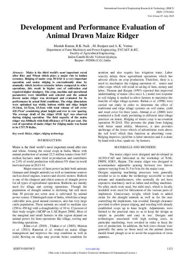 (PDF) Development and Performance Evaluation of Animal Drawn Maize Ridger