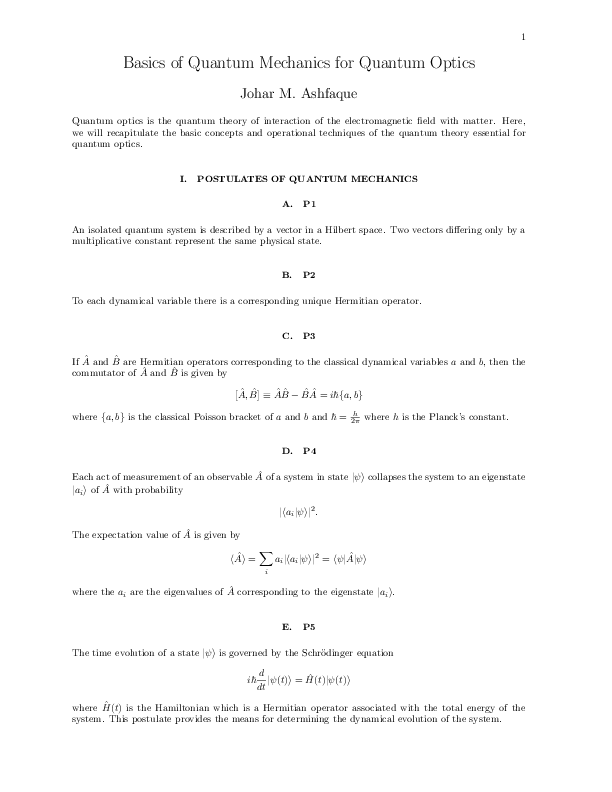 (PDF) Basics of Quantum Mechanics for Quantum Optics