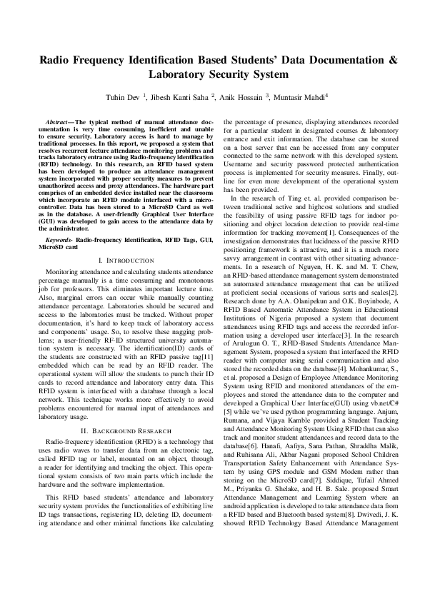 (PDF) Radio Frequency Identification Based Students' Data Documentation & Laboratory Security System