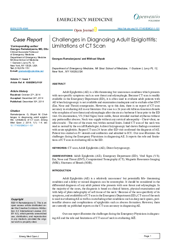 (PDF) Challenges in Diagnosing Adult Epiglottitis: Limitations of CT Scan