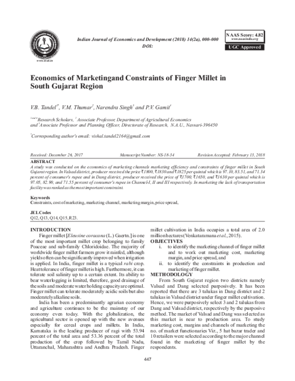 (PDF) Economics of Marketingand Constraints of Finger Millet in South Gujarat Region