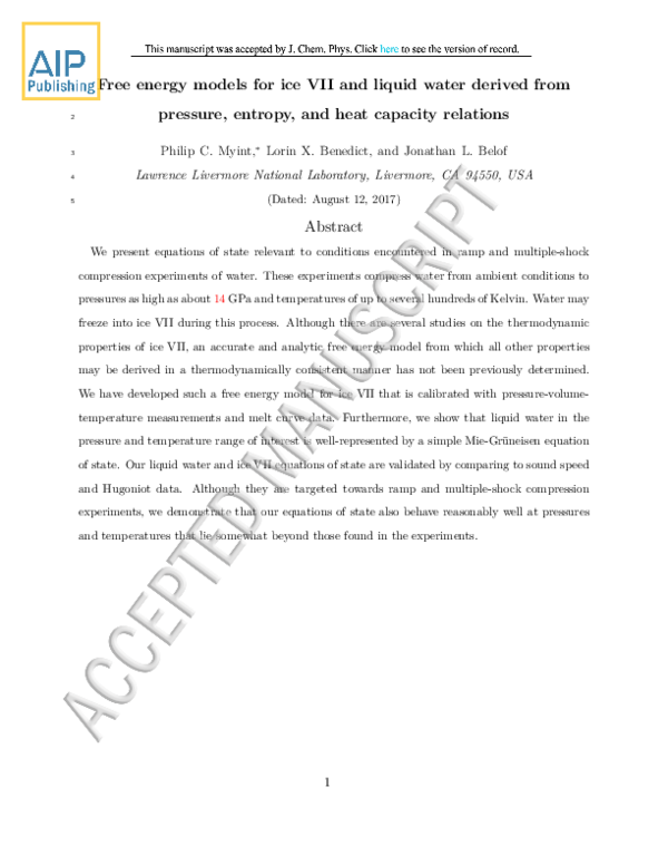 (PDF) Free energy models for ice VII and liquid water derived from ...