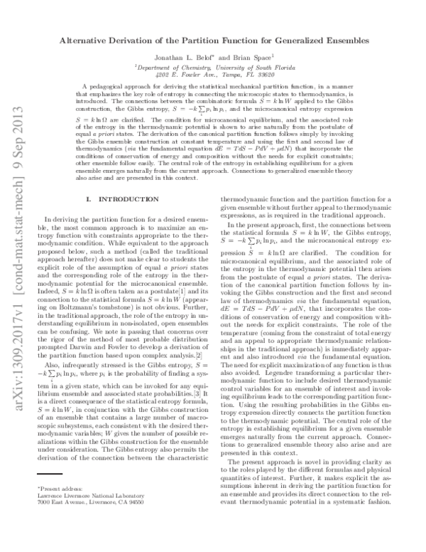 Pdf Alternative Derivation Of The Partition Function For Generalized