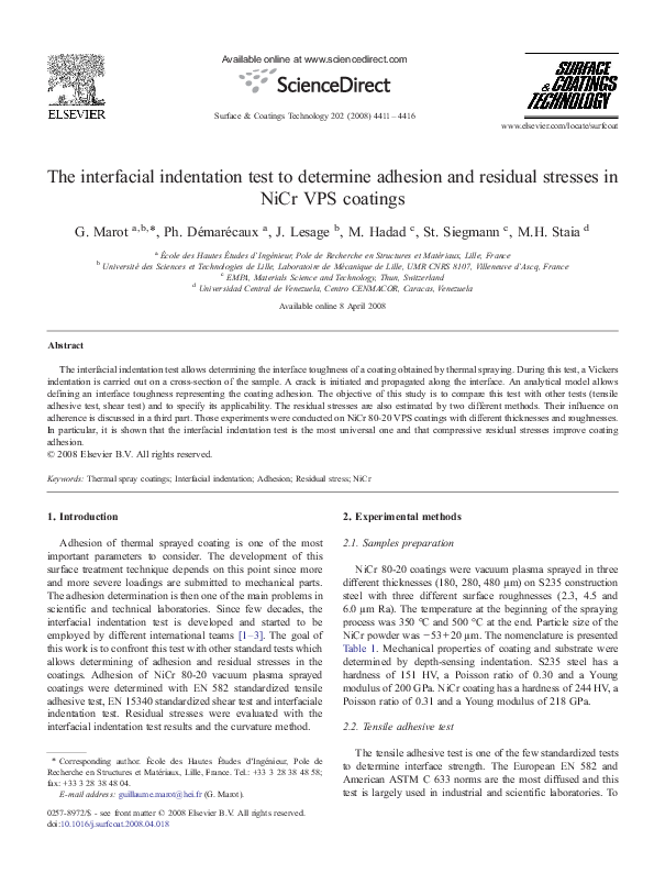 (PDF) The interfacial indentation test to determine adhesion and ...