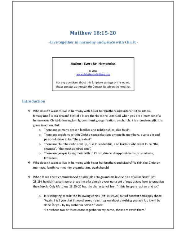 (PDF) Matthew 18:15-20 -Live together in harmony and peace with Christ ...