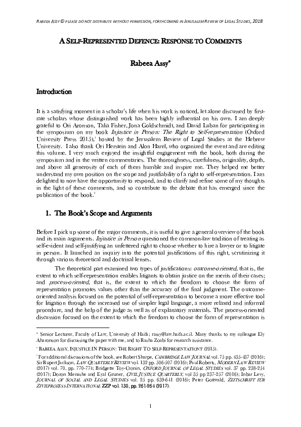 (PDF) A SELF-REPRESENTED DEFENCE: RESPONSE TO COMMENTS | Rabeea Assy ...