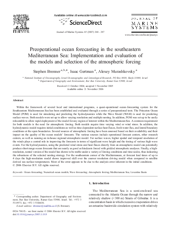 Pdf Preoperational Ocean Forecasting In The Southeastern Mediterranean Sea Implementation And