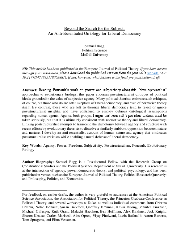 (PDF) Beyond the Search for the Subject: An Anti-Essentialist Ontology ...