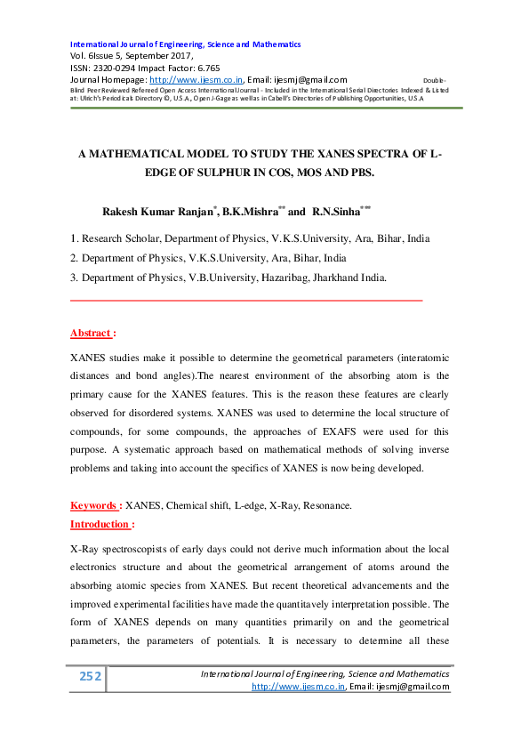 (PDF) A MATHEMATICAL MODEL TO STUDY THE XANES SPECTRA OF L- EDGE OF ...
