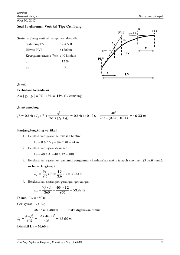 (PDF) Exercises Geometric Design Soal 1: Alinemen Vertikal Tipe Cembung