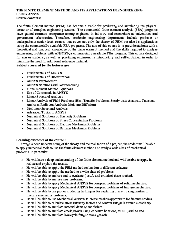 Pdf The Finite Element Method And Its Applications In Engineering Using Ansys Course Contents