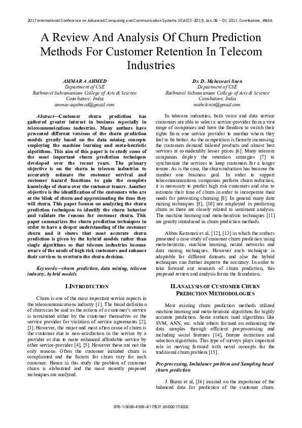 (PDF) A Review And Analysis Of Churn Prediction Methods For Customer Retention In Telecom Industries