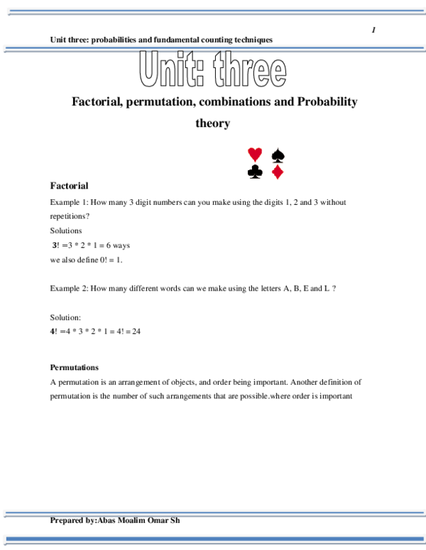 (DOC) Factorial, permutation, combinations and Probability theory Factorial