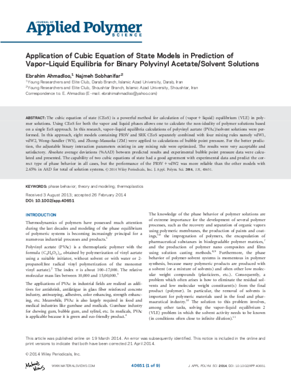 (PDF) Application of Cubic Equation of State Models in Prediction of Vapor–Liquid Equilibria for ...