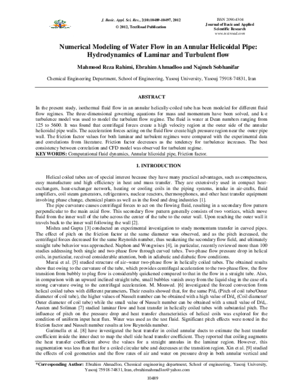 (PDF) Numerical Modeling of Water Flow in an Annular Helicoidal Pipe: Hydrodynamics of Laminar ...