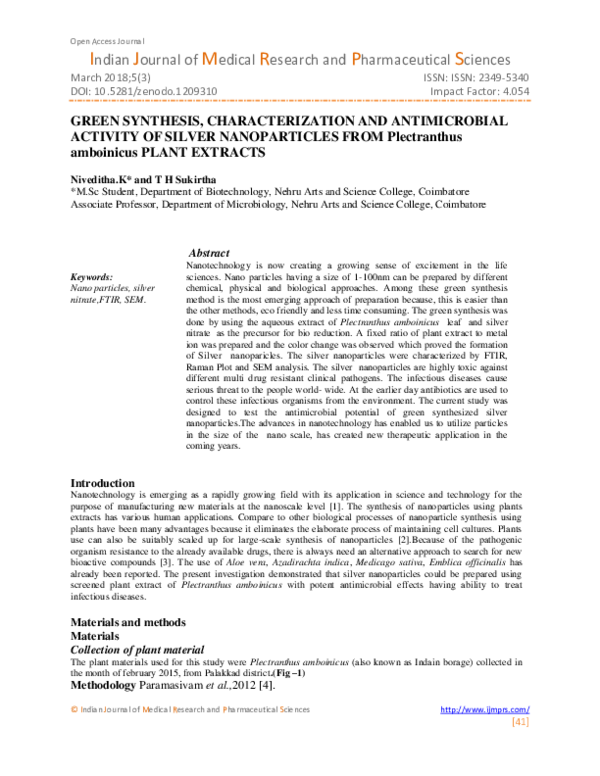 (PDF) GREEN SYNTHESIS, CHARACTERIZATION AND ANTIMICROBIAL ACTIVITY OF SILVER NANOPARTICLES FROM ...