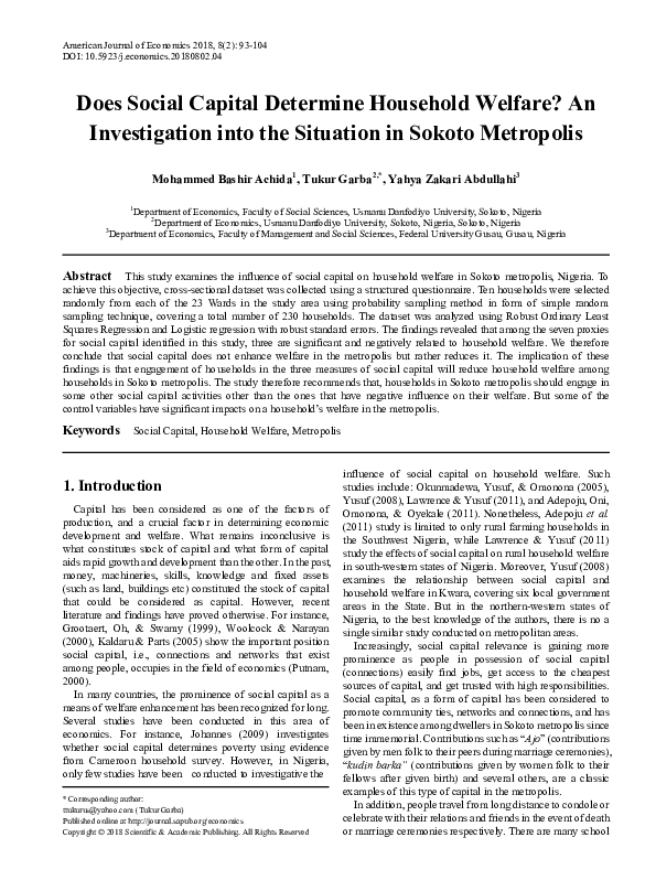(PDF) Does Social Capital Determine Household Welfare? An Investigation into the Situation in ...