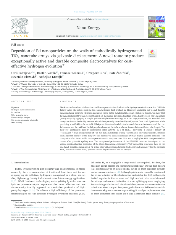 Pdf Deposition Of Pd Nanoparticles On The Walls Of Cathodically Hydrogenated Tio2 Nanotube