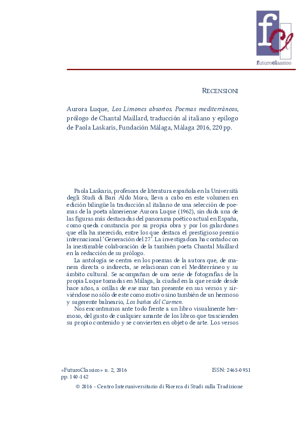 (PDF) “Aurora Luque, Los limones absortos. Poemas mediterráneos”