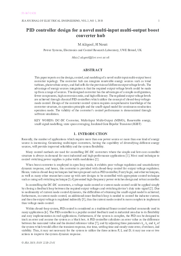 Pdf Pid Controller Design For A Novel Multi Input Multi Output Boost