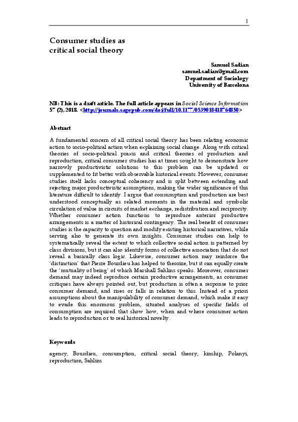 (PDF) Consumer studies as critical social theory - 2018 (peer-reviewed ...