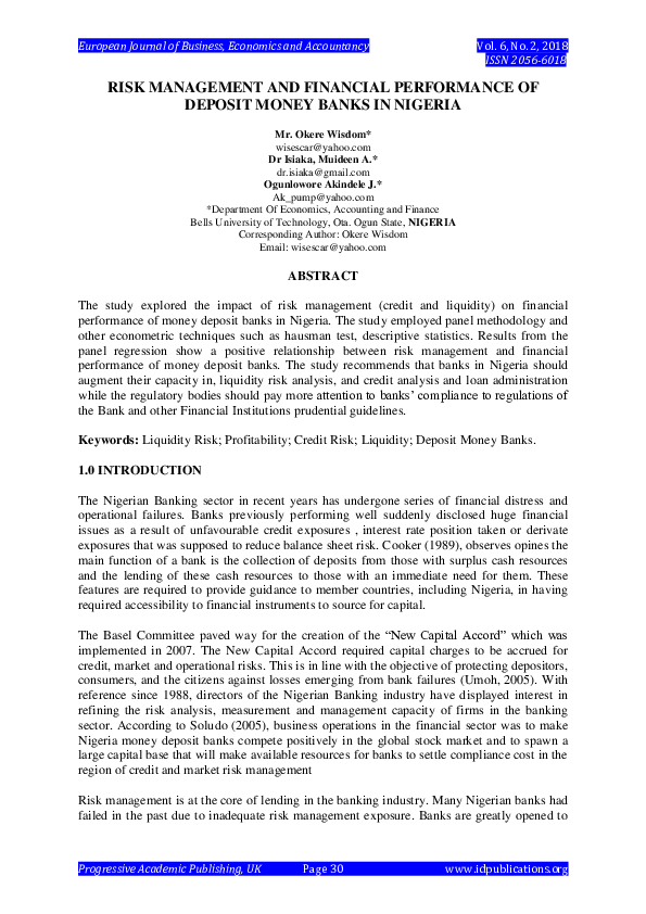 (PDF) RISK MANAGEMENT AND FINANCIAL PERFORMANCE OF DEPOSIT MONEY BANKS ...