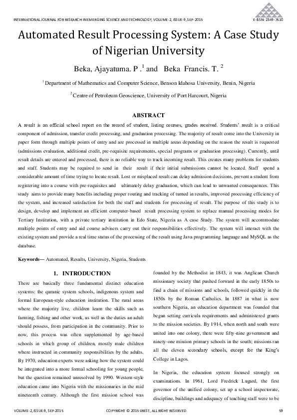 (PDF) Automated Result Processing System: A Case Study of Nigerian University