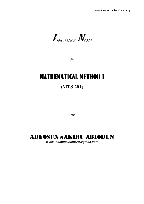 (PDF) LECTURE NOTE ON MATHEMATICAL METHOD I (MTS 201
