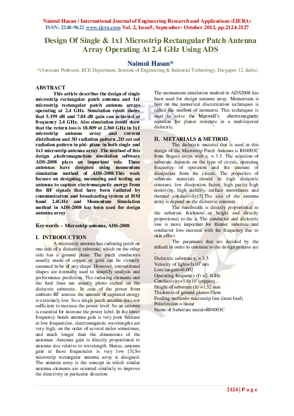 (PDF) Design Of Single & 1x1 Microstrip Rectangular Patch Antenna Array ...