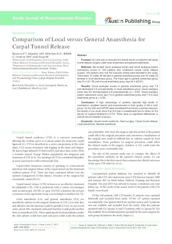 (PDF) Comparison of Local versus General Anaesthesia for Carpal Tunnel ...