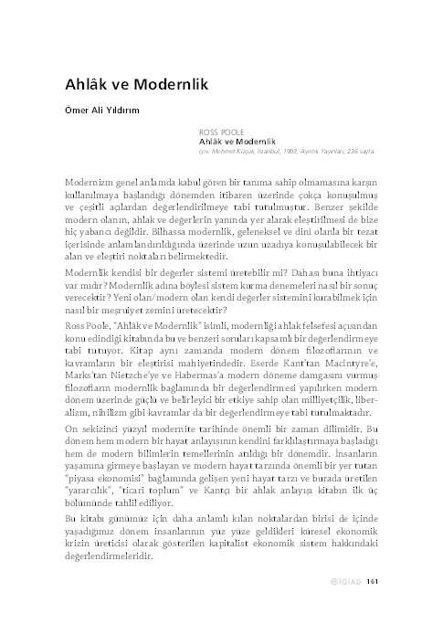 (PDF) İş Ahlakı Dergisi(2/1) Ahlâk ve Modernlik