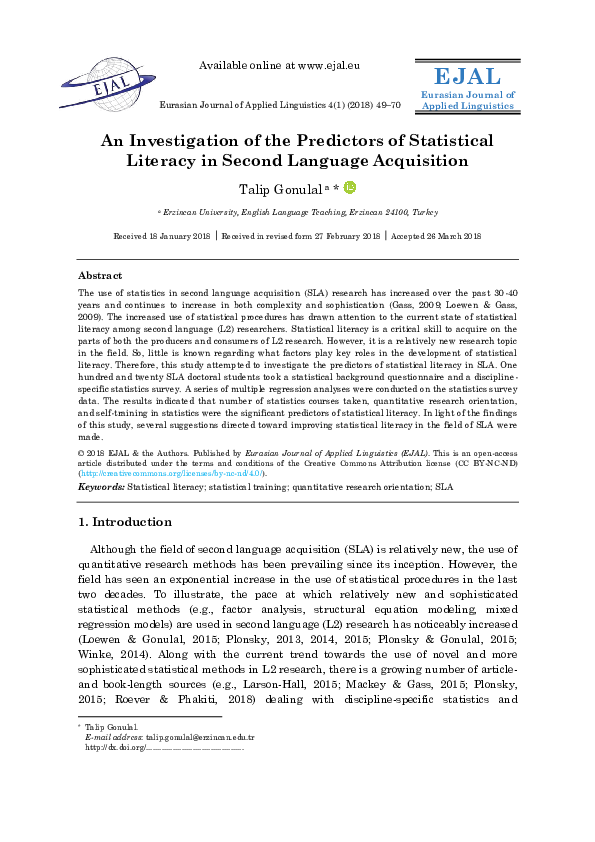 Pdf An Investigation Of The Predictors Of Statistical Literacy In