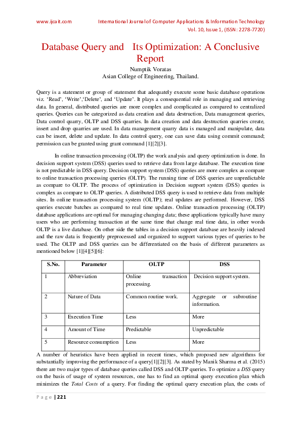 (PDF) Database Query and Its Optimization: A Conclusive Report