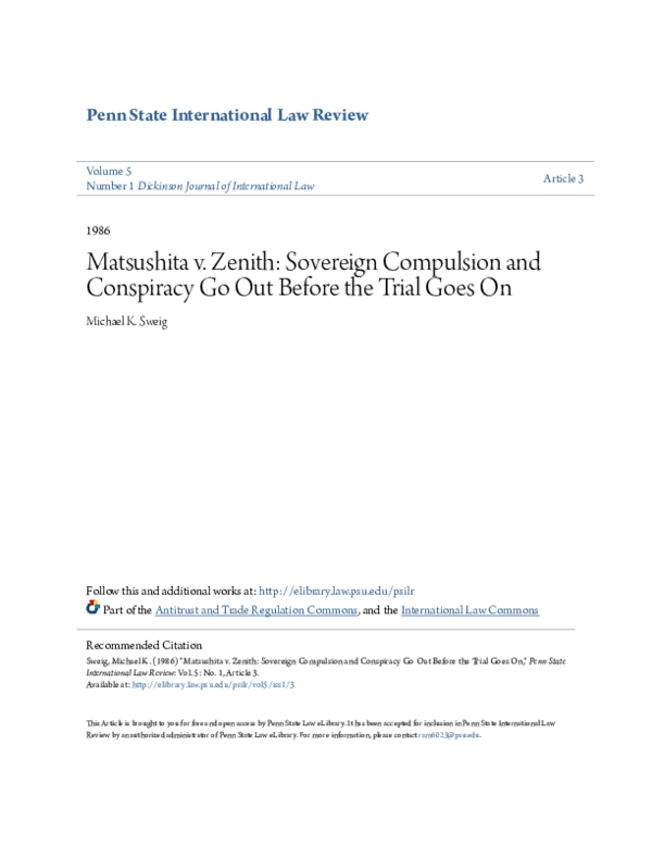 (PDF) Penn State International Law Review: Matsushita v. Zenith ...