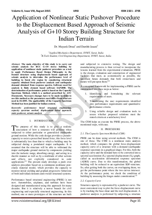 (PDF) Application of Nonlinear Static Pushover Procedure to the Displacement Based Approach of ...