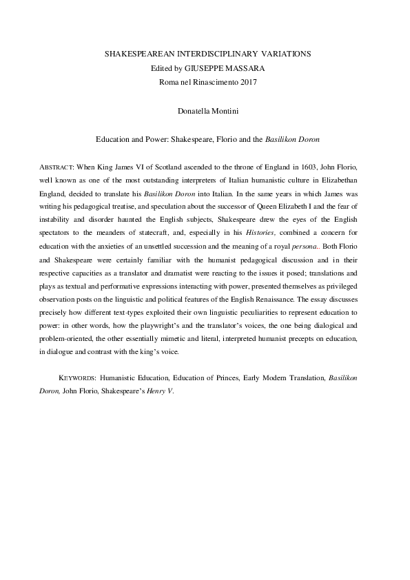 (DOC) Education and Power: Shakespeare, Florio and the Basilikon Doron ...