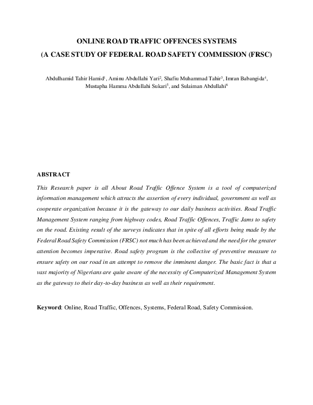 (DOC) ONLINE ROAD TRAFFIC OFFENCES SYSTEMS (A CASE STUDY OF FEDERAL ROAD SAFETY COMMISSION (FRSC)