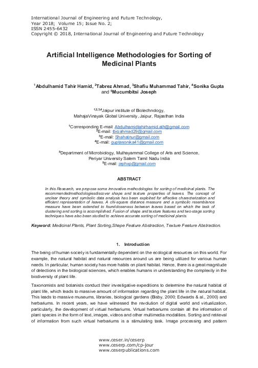 (PDF) Artificial intelligence methodologies for sorting of medicinal plants