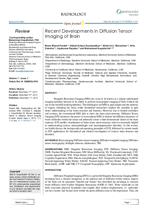 (PDF) Recent Developments in Diffusion Tensor Imaging of Brain